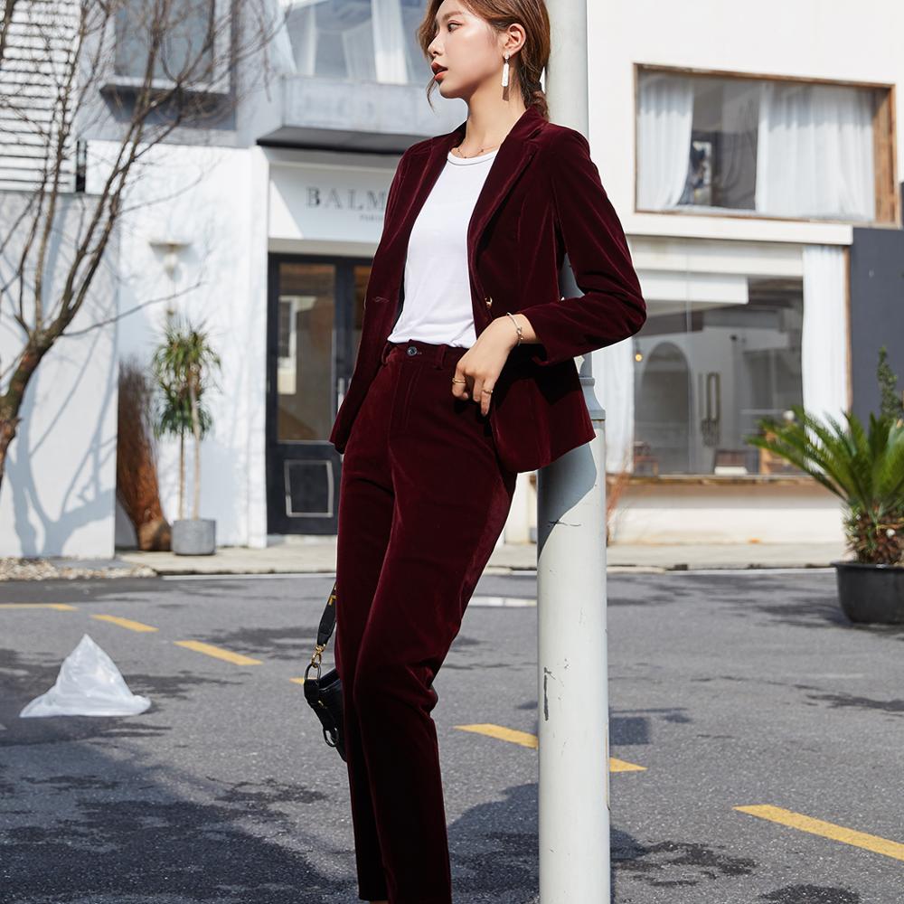Female Elegant Formal Office Work Wear Women Velvet Pants Suits Blazer ...
