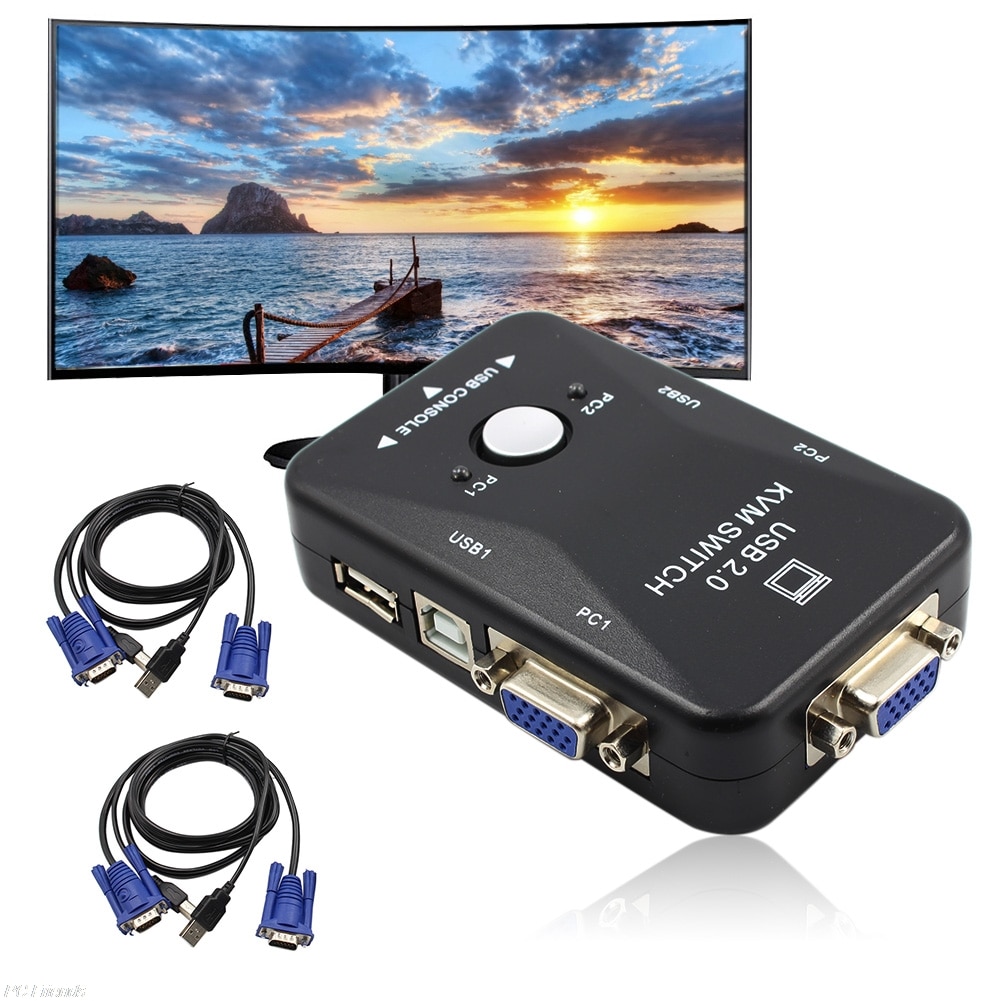 USB2.0 2-Port KVM Switcher Switch Box Mouse/Keyboard/VGA Video Monitor ...